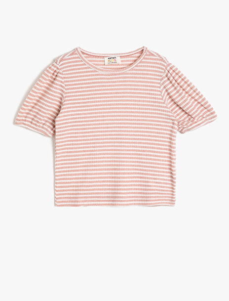 Koton Kız Çocuk Çizgili Dokulu Yumuşak Kumaştan Bisiklet Yaka Kısa Kollu Tişört