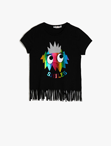 Koton Kız Çocuk Parlak Baskılı Bisiklet Yaka Püsküllü Kısa Kollu Pamuklu Tişört