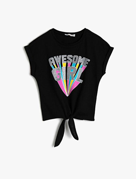 Koton Kız Çocuk Yumuşak Pamuklu Yazılı Baskılı Bisiklet Yaka Kısa Kollu Tişört