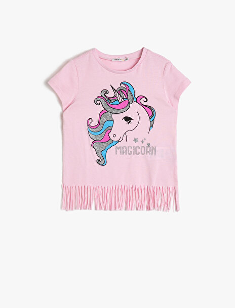 Koton Kız Çocuk Simli Unicorn Baskılı Püsküllü Kısa Kollu Pamuklu Yumuşak Tişört Koton Kız Çocuk Simli Unicorn Baskılı Püsküllü Kısa Kollu Pamuklu Yumuşak Tişört