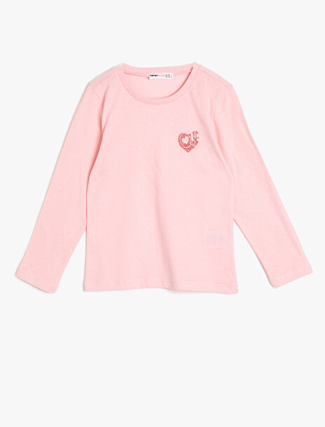 Koton Kız Çocuk Yumuşak Pamuklu Simli Baskılı Uzun Kollu Tişört