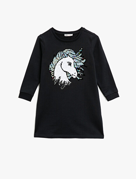 Koton Kız Çocuk Unicorn Çift Taraflı Pullu Uzun Kollu Sweatshirt Kumaşından Orta Boy Elbise