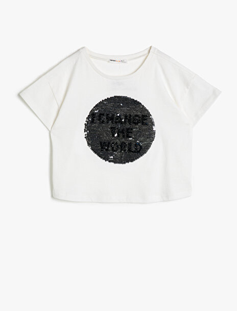 Koton Kız Çocuk Çift Taraflı Pullu Motifli Kısa Kollu Kısa Pamuklu Yumuşak Tişört