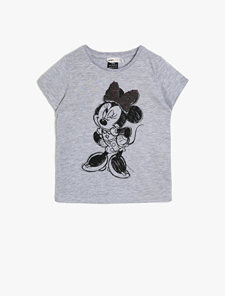 Koton Kız Çocuk Minnie Lisanslı Çift Taraflı Pullu Pamuklu Yumuşak Kısa Kollu Tişört