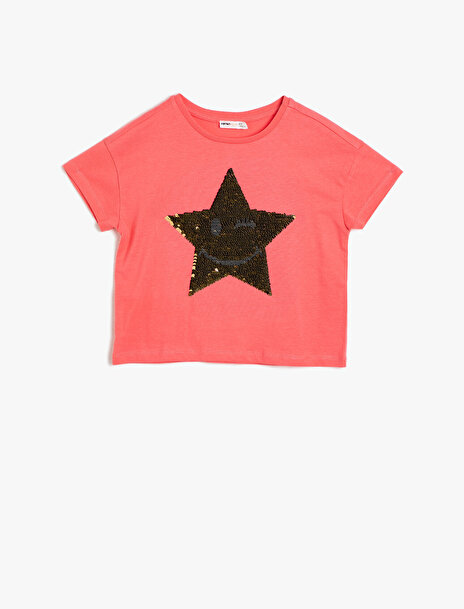 Koton Kız Çocuk Pamuklu Yumuşak Kumaştan Pullu Kolu Fırfırlı Kısa Kollu Tişört