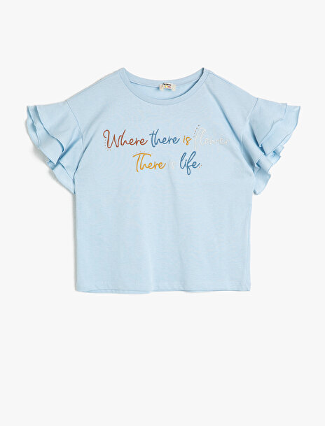 Koton Kız Çocuk Yazılı İşlemeli Bisiklet Yaka Kolu Kat Kat Fırfırlı Kısa Kollu Tişört