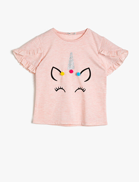 Koton Kız Çocuk Yumuşak Dokulu Kumaştan Unicorn Baskılı Ponponlu Fırfırlı Kısa Kollu Tişört Koton Kız Çocuk Yumuşak Dokulu Kumaştan Unicorn Baskılı Ponponlu Fırfırlı Kısa Kollu Tişört