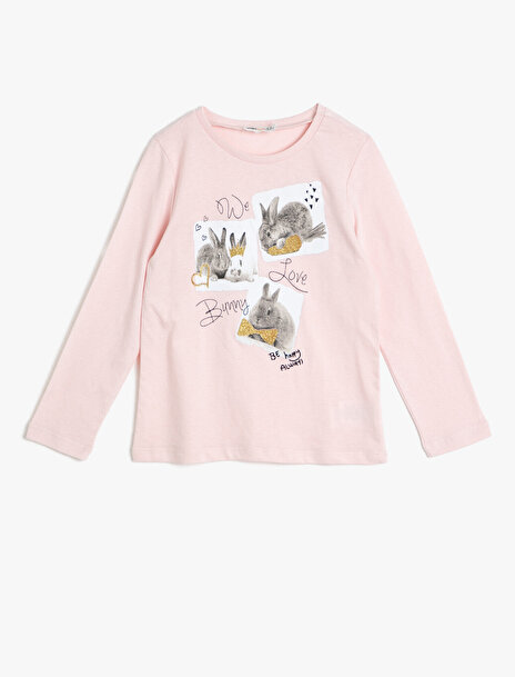 Koton Kız Çocuk Yumuşak Pamuklu Simli Baskılı Uzun Kollu Tişört