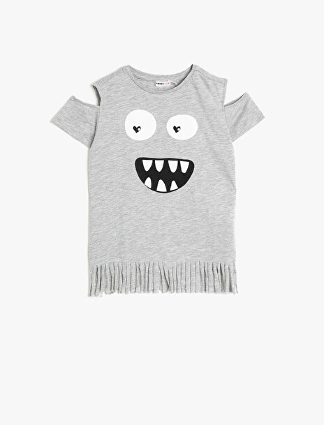 Koton Kız Çocuk Pamuklu Yumuşak Baskılı Bisiklet Yaka Püsküllü Kısa Kollu Tişört