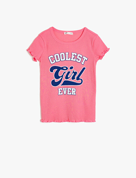 Koton Kız Çocuk Dokulu Yumuşak Kumaştan Yazılı Baskılı Kısa Kollu Tişört