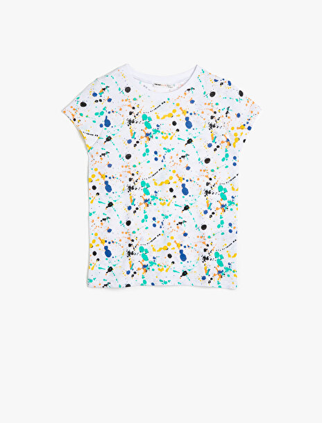 Koton Kız Çocuk Desenli Pamuklu Yumuşak Kumaştan Bisiklet Yaka Kısa Kollu Tshirt