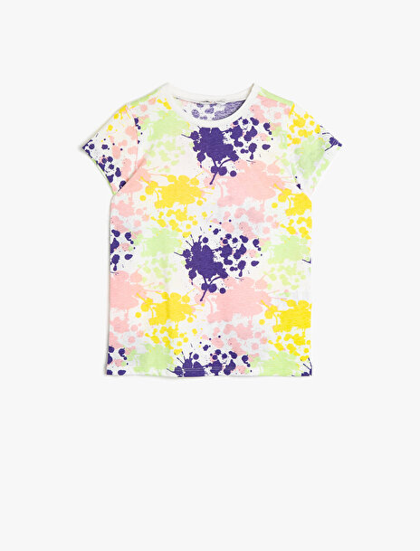 Koton Kız Çocuk Desenli Pamuklu Yumuşak Bisiklet Yaka Kısa Kollu Tişört