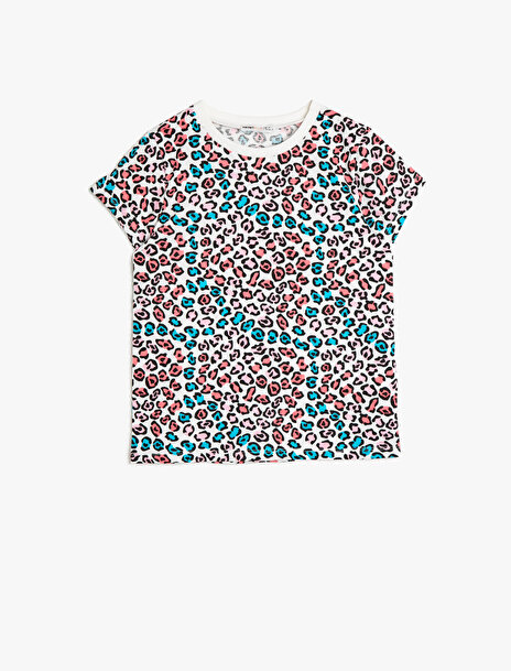 Koton Kız Çocuk Leopar Desenli Pamuklu Yumuşak Bisiklet Yaka Kısa Kollu Tişört