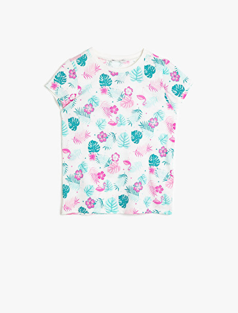 Koton Kız Çocuk Çiçekli Pamuklu Yumuşak Kumaştan Bisiklet Yaka Kısa Kollu Tshirt