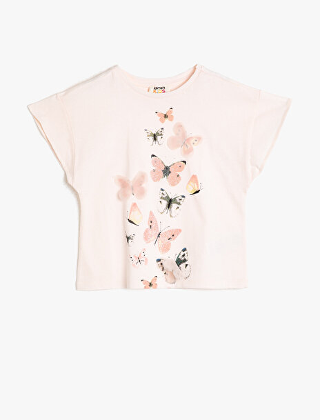 Koton Kız Çocuk Pamuklu Yumuşak Desenli Tül Aplikeli Kısa Kollu Tişört