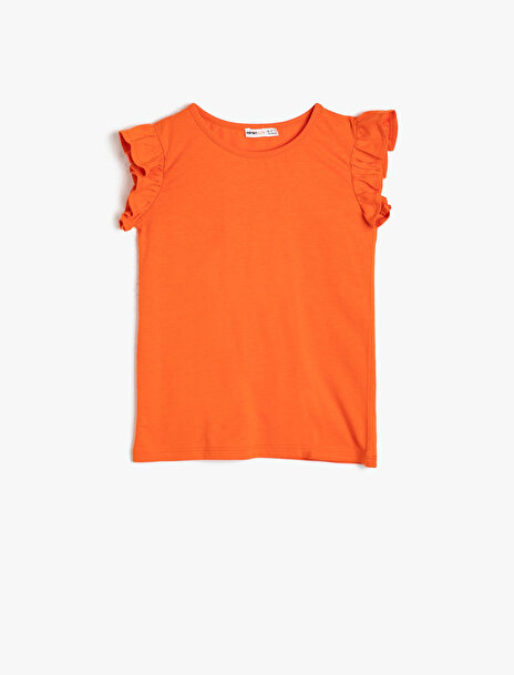 Koton Kız Çocuk Yumuşak Pamuklu Bisiklet Yaka Kolu Fırfırlı Kısa Kollu Tişört
