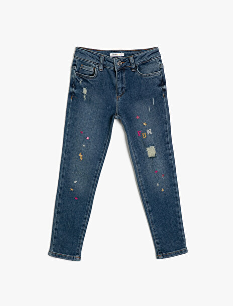 Koton Kız Çocuk Simli Baskılı Beli Ayar Lastikli Dar Kalıp Normal Bel Jean Pantolon Koton Kız Çocuk Simli Baskılı Beli Ayar Lastikli Dar Kalıp Normal Bel Jean Pantolon
