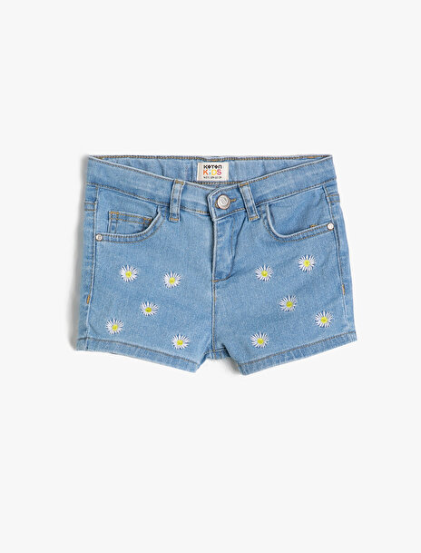 Koton Kız Çocuk Rahat Kesimli Önü İşlemeli Beli Ayar Lastikli Kısa Jean Şort