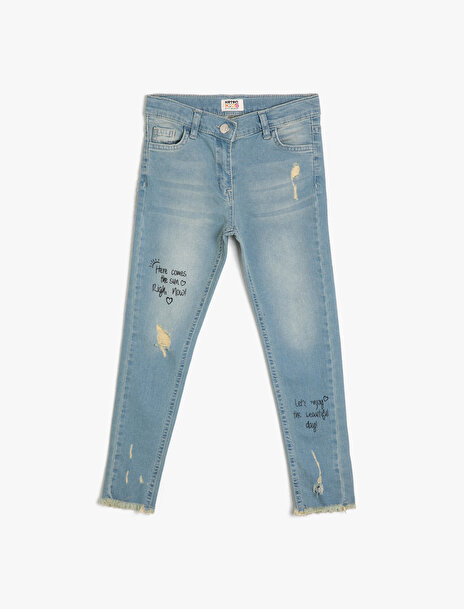 Koton Kız Çocuk Esnek Kumaştan Yazılı Baskılı Beli Ayar Lastikli Dar Kalıp Normal Bel Jean Pantolon Koton Kız Çocuk Esnek Kumaştan Yazılı Baskılı Beli Ayar Lastikli Dar Kalıp Normal Bel Jean Pantolon