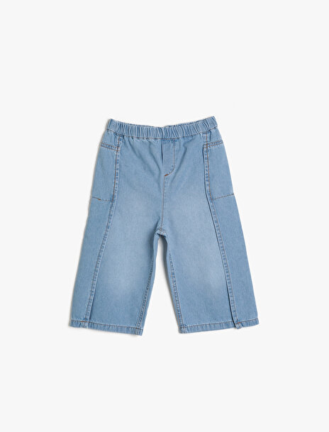Koton Kız Çocuk Beli Lastikli Bol Kesim Paçası Bol Dökümlü Kısa Paça Normal Bel Jean Pantolon