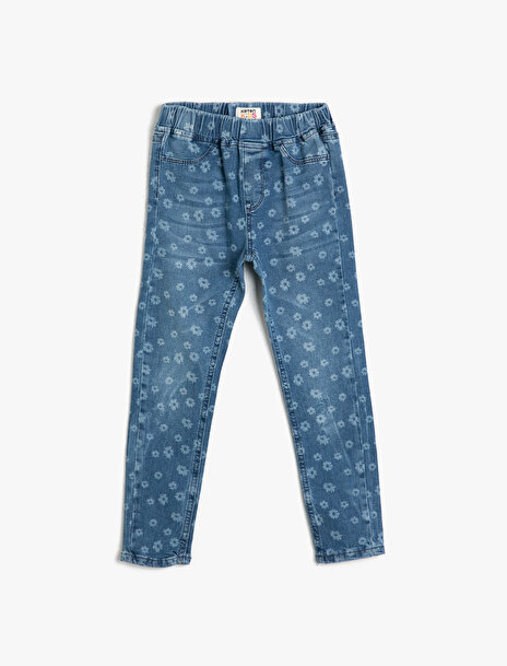 Koton Kız Çocuk Çiçekli Esnek Yumuşak Jean Kumaştan Beli Lastikli Dar Kesim Tayt