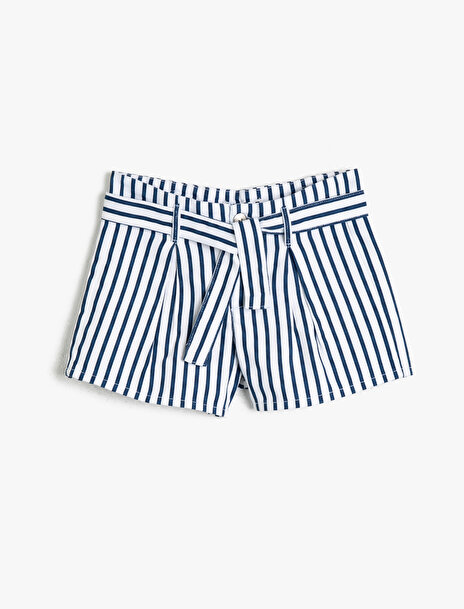 Koton Kız Çocuk Çizgili Pantolon Kumaşından Pileli Bağlamalı Kısa Şort