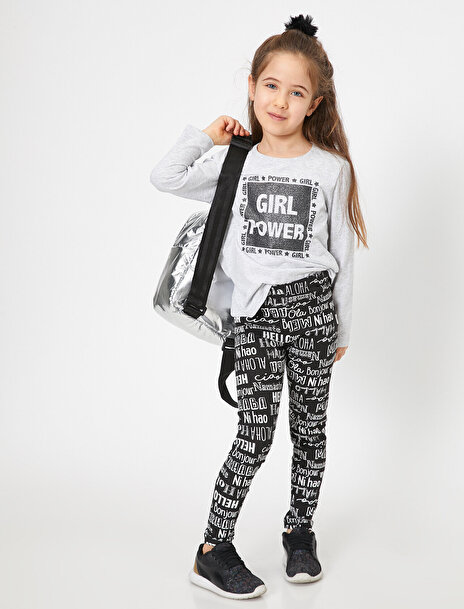 Koton Kız Çocuk Yazılı Baskılı İnce Esnek Kumaştan Normal Bel Uzun Tayt