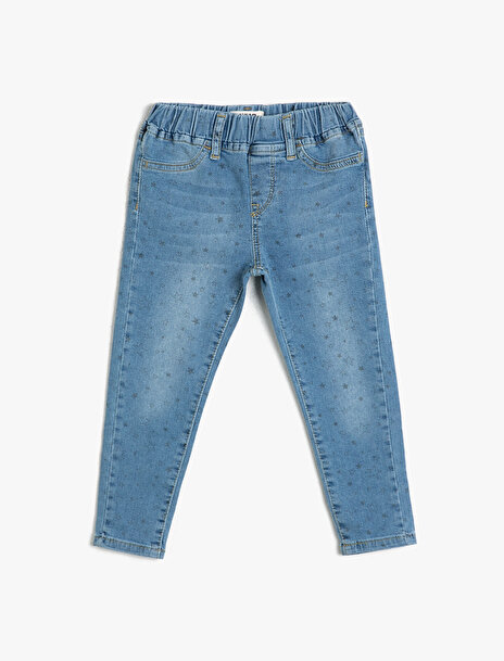 Koton Kız Çocuk Desenli Esnek Yumuşak Jean Kumaştan Beli Lastikli Dar Kesim Tayt