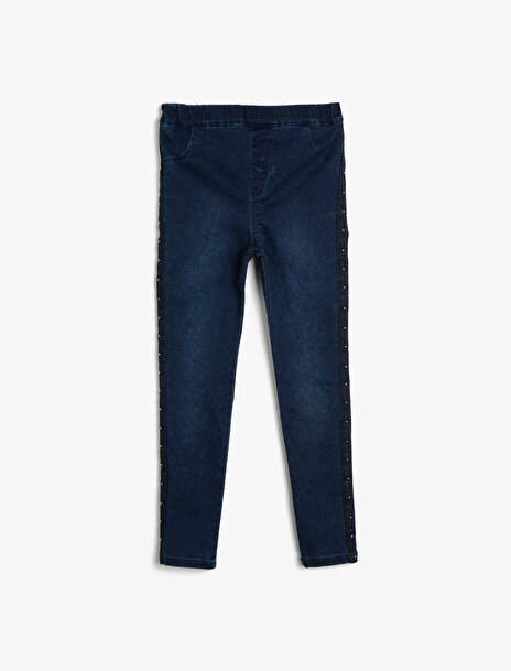 Koton Kız Çocuk Esnek Yumuşak Jean Kumaştan Şeritli Beli Lastikli Dar Kesim Tayt