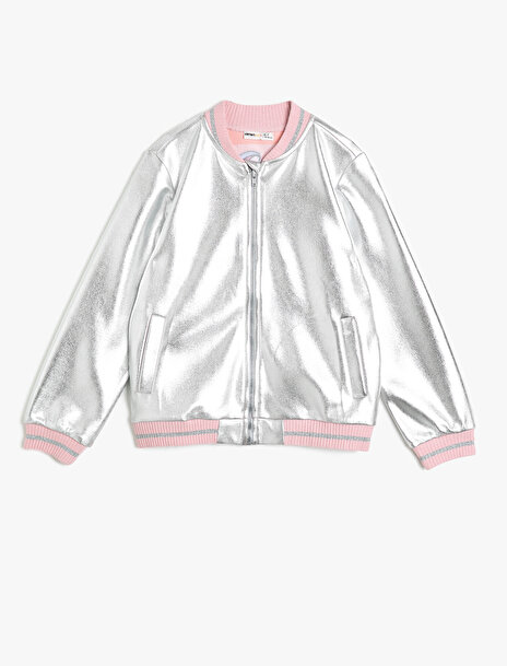 Koton Kız Çocuk Parlak Kumaştan Arkası Unicorn İşlemeli Ribanalı Fermuarlı Mont