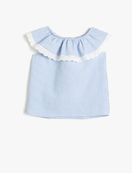 Koton Kız Çocuk Kayık Yaka Dantel Detaylı Çizgili Bluz