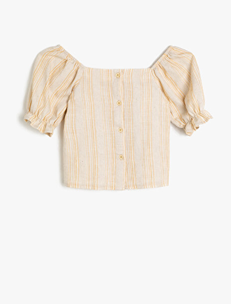 Koton Kız Çocuk Çizgili Dokulu Kumaştan Kare Yaka Kolu Büzgülü Kısa Kollu Bluz