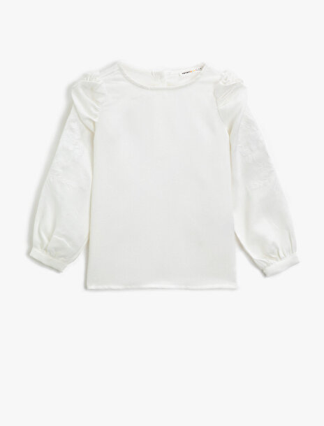 Koton Kız Çocuk Yumuşak ve Tüylü Gömlek Kumaşından Kabarık Kollu Nakışlı Bluz