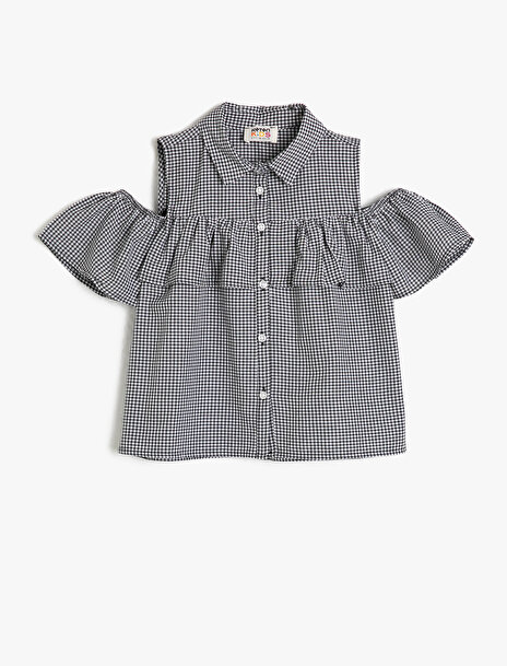 Koton Kız Çocuk Ekoseli Poplin Kumaştan Fırfırlı Omzu Açık Düğmeli Gömlek