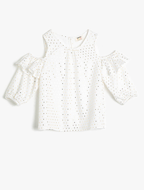 Koton Kız Çocuk Puantiyeli Dökümlü Gömlek Kumaşından Parlak Baskılı Fırfırlı Omzu Açık Bluz