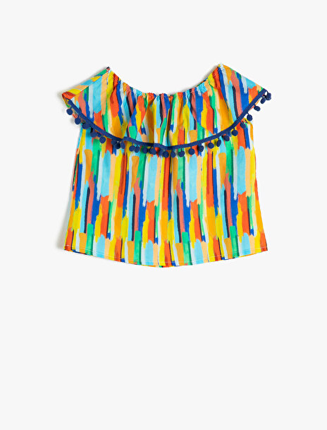 Koton Kız Çocuk Desenli Poplin Kumaştan Yakası Fırfırlı Ponponlu Bol Kesim Bluz