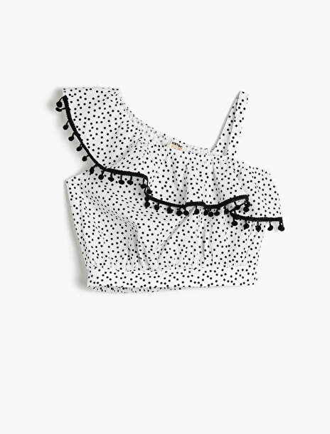 Koton Kız Çocuk Puantiyeli Poplin Kumaşından Yakası Fırfırlı Tek Omuz Detaylı Bluz