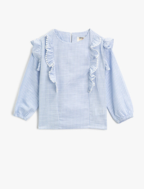 Koton Kız Çocuk Çizgili İnce Gömlek Kumaşından Fırfırlı Bisiklet Yaka Uzun Kollu Bluz