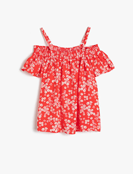 Koton Kız Çocuk Çiçekli Dökümlü Kumaştan Omzu Açık Büzgülü Kısa Kollu Bluz