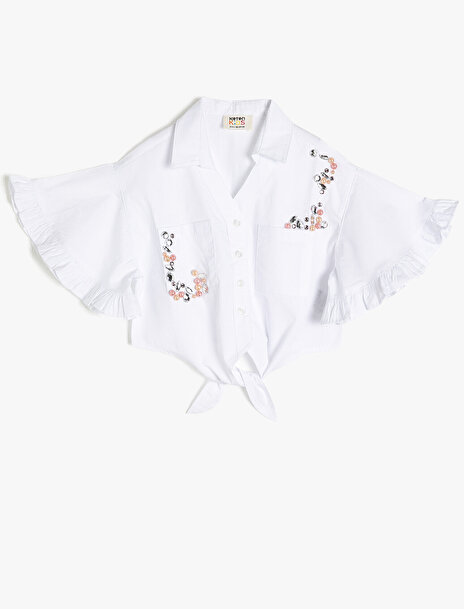 Koton Kız Çocuk Kolları Fırfırlı Çiçek İşlemeli Beli Bağlama Detaylı Pamuklu Gömlek