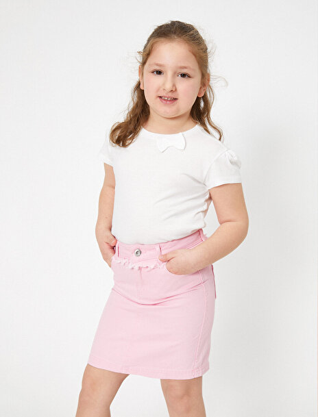 Koton Kız Çocuk Esnek Pamuklu Beli Fırfırlı Beli Ayar Lastikli Diz Üstü Jean Etek