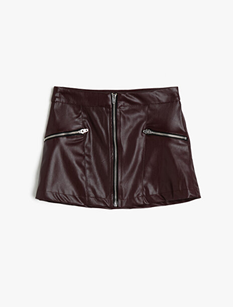 Koton Kız Çocuk Suni Deri Fermuarlı Beli Lastikli Diz Üstü Etek