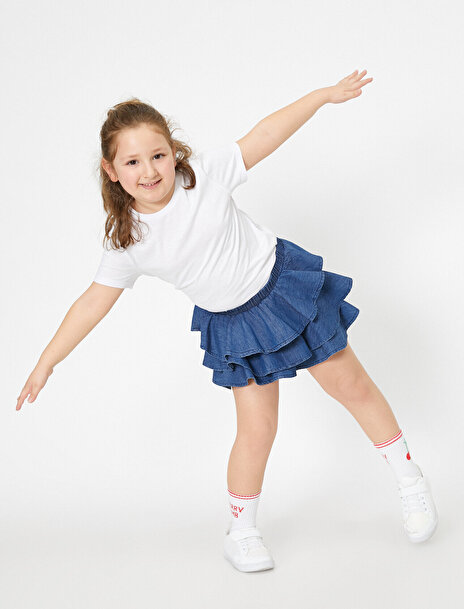 Koton Kız Çocuk İnce Dökümlü Kumaştan Beli Lastikli Diz Üstü Jean Etek