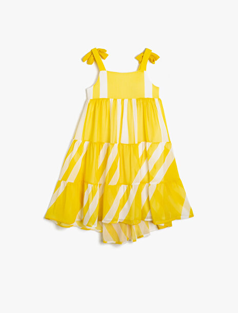 Koton Kız Çocuk Çizgili Şifon Kumaştan Omzu Açık Fırfırlı Yakası Açık Orta Boy Elbise