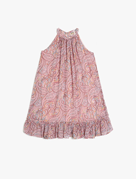 Koton Kız Çocuk Bisiklet Yaka Kolsuz Desenli Fırfır Detaylı Elbise