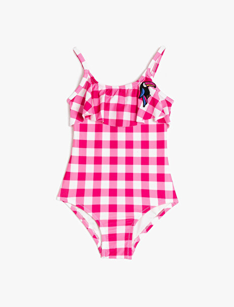 Koton Kız Çocuk Fırfır Detaylı Ekose Desenli Mayo