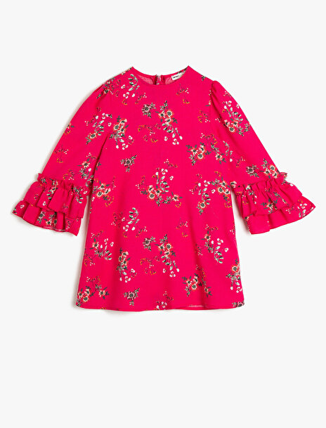 Koton Kız Çocuk Çiçekli Yumuşak Kalın Kumaştan Kolu Fırfırlı Orta Boy Elbise