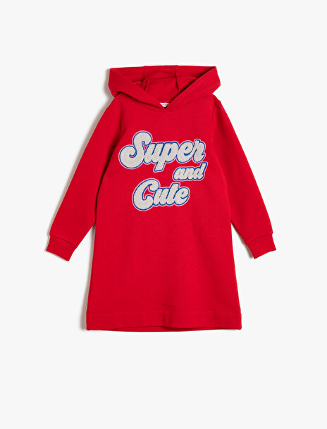 Koton Kız Çocuk Havlu İşlemeli Kapüşonlu Bol Kesim Kalın Sweatshirt Kumaşından Orta Boy Elbise