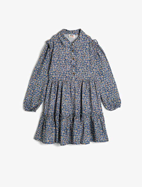 Koton Kız Çocuk Çiçekli Dökümlü Kumaştan Gömlek Yaka Fırfırlı Bol Kesim Orta Boy Elbise