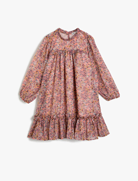 Koton Kız Çocuk Çiçekli Simli Şifon Kumaştan Fırfırlı Uzun Kollu Orta Boy Elbise
